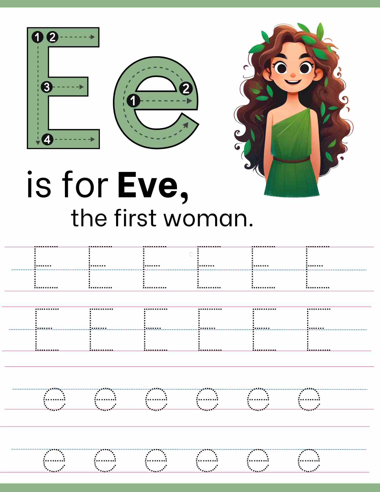 E is for Eve, Letter E Tracing and Coloring Worksheet - Faith Phonics