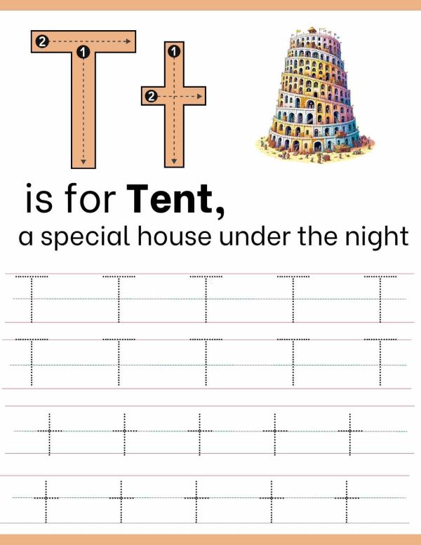 T is for Tent, Letter T Tracing and Coloring Worksheet - Faith Phonics